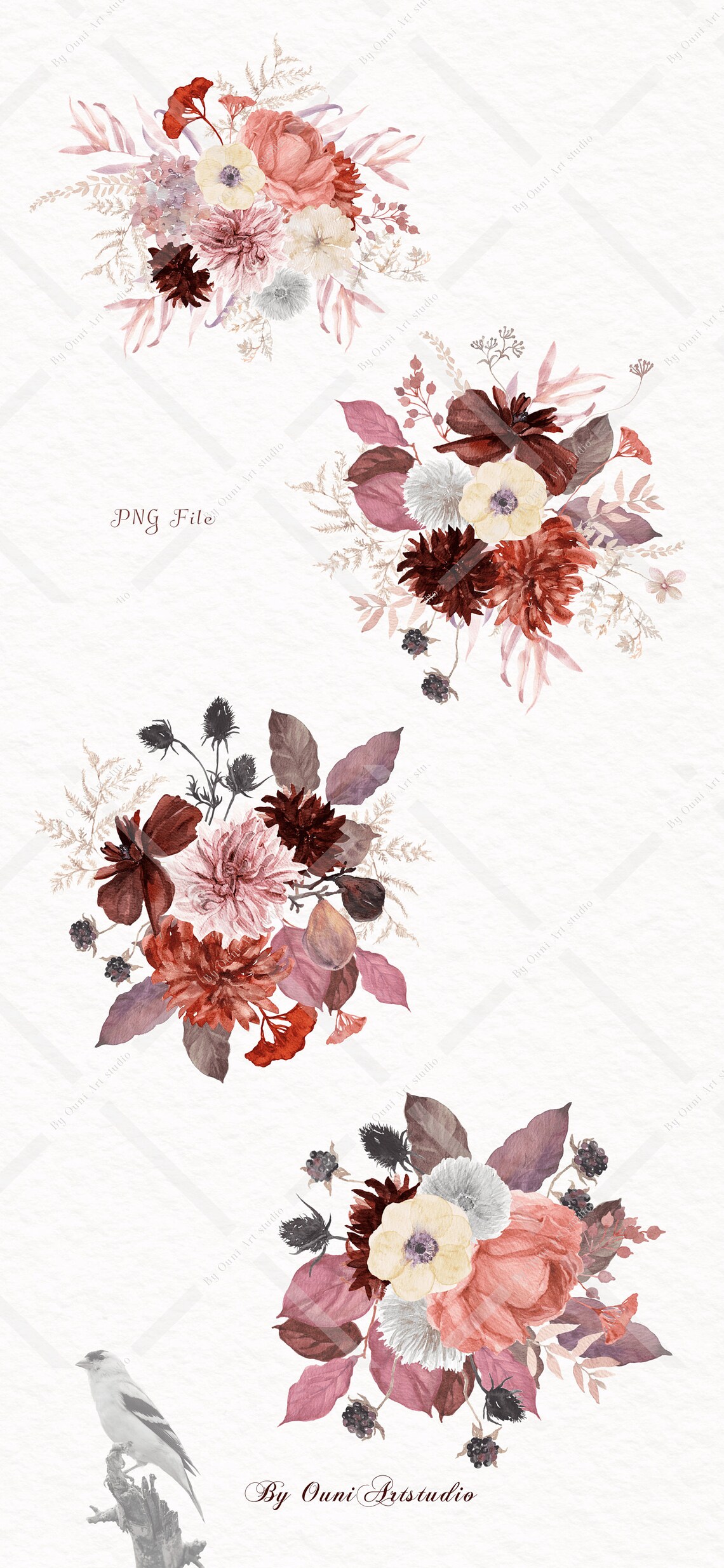 Watercolor Burgundy Floral, Watercolor Fall Floral Clipart, Pink Floral ...