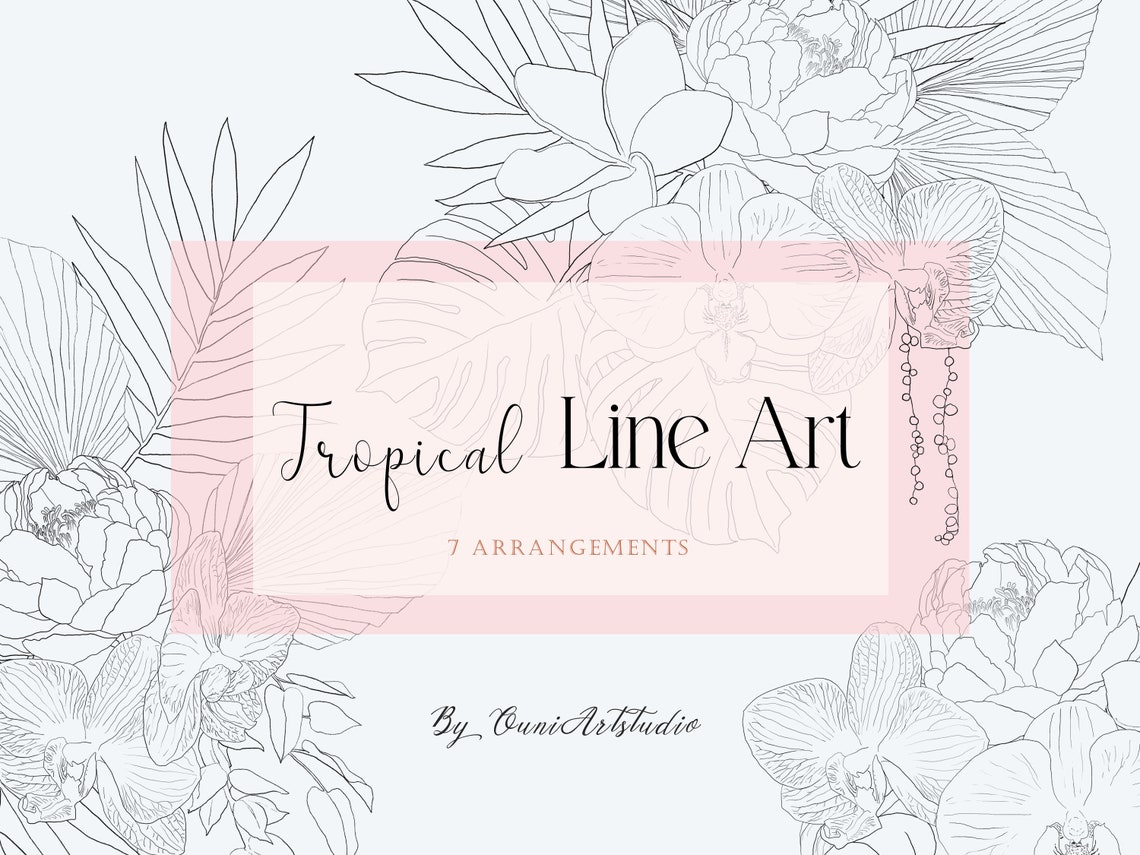 Tropical Floral Line Art Clipart, Orchid, Peony, Boho Flower Leaves ...