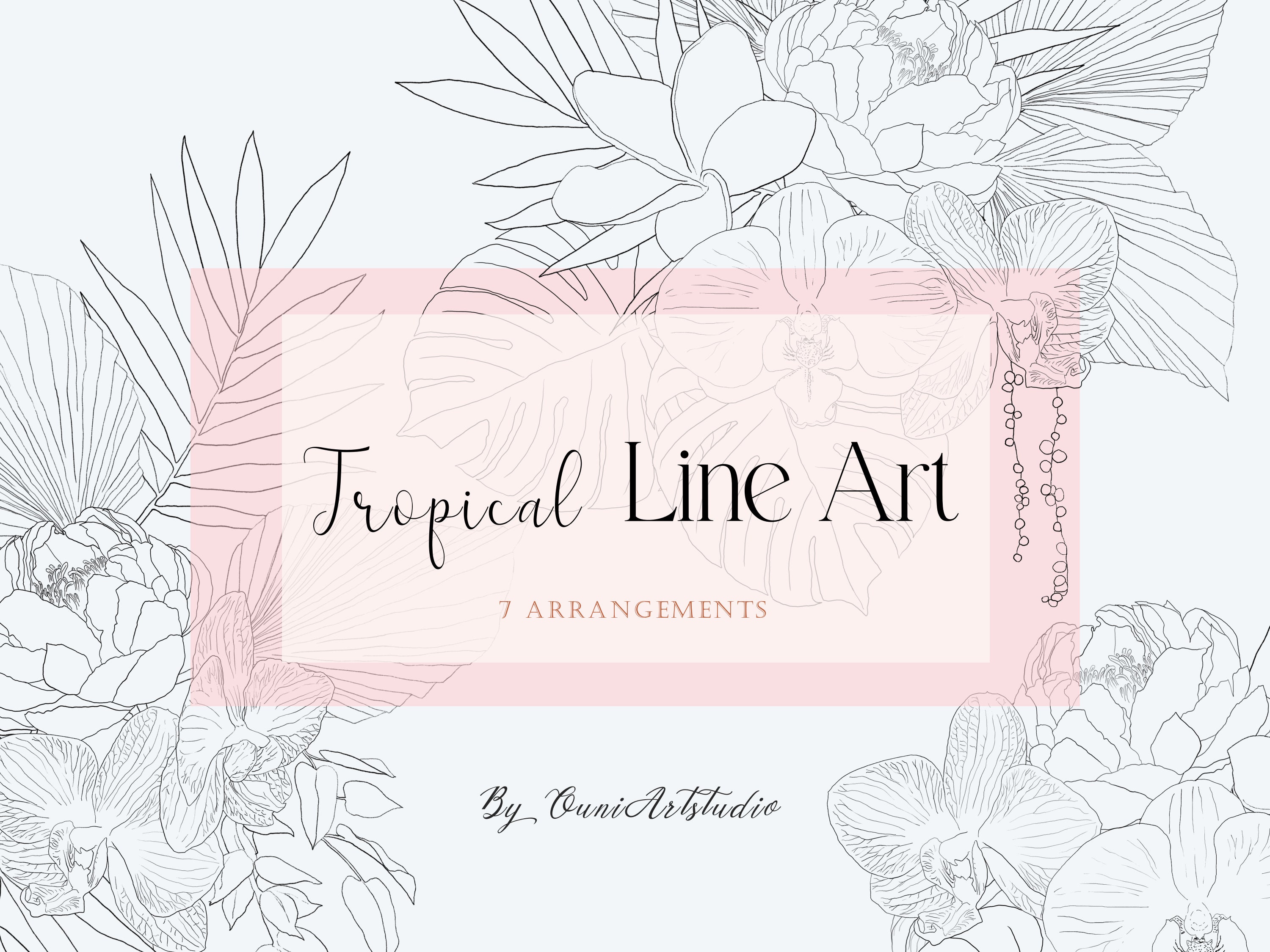 Tropical Floral Line Art Clipart, Orchid, Peony, Boho Flower Leaves ...