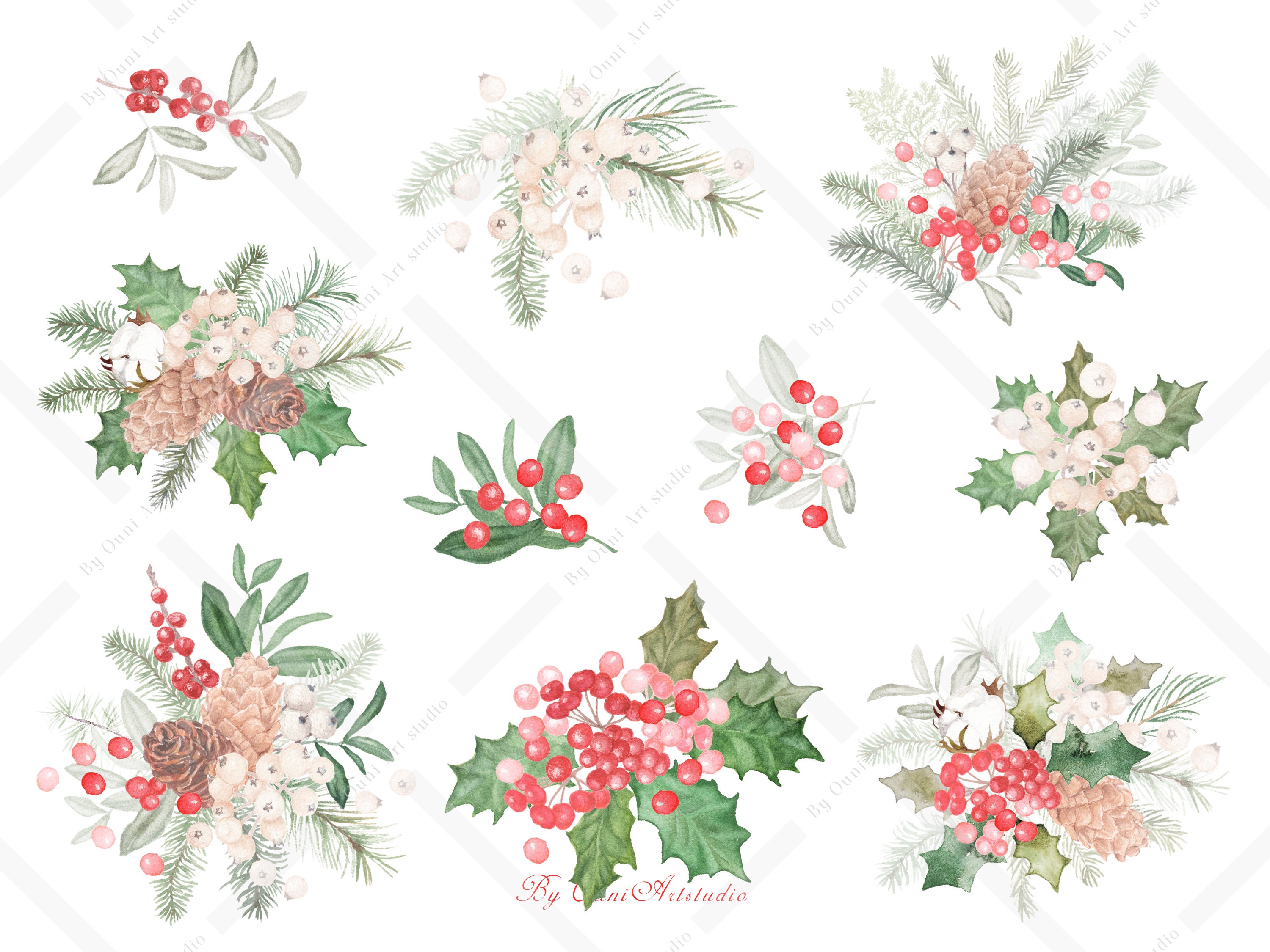 Watercolor Holly Berry Clipart, Watercolor Christmas Clipart ...