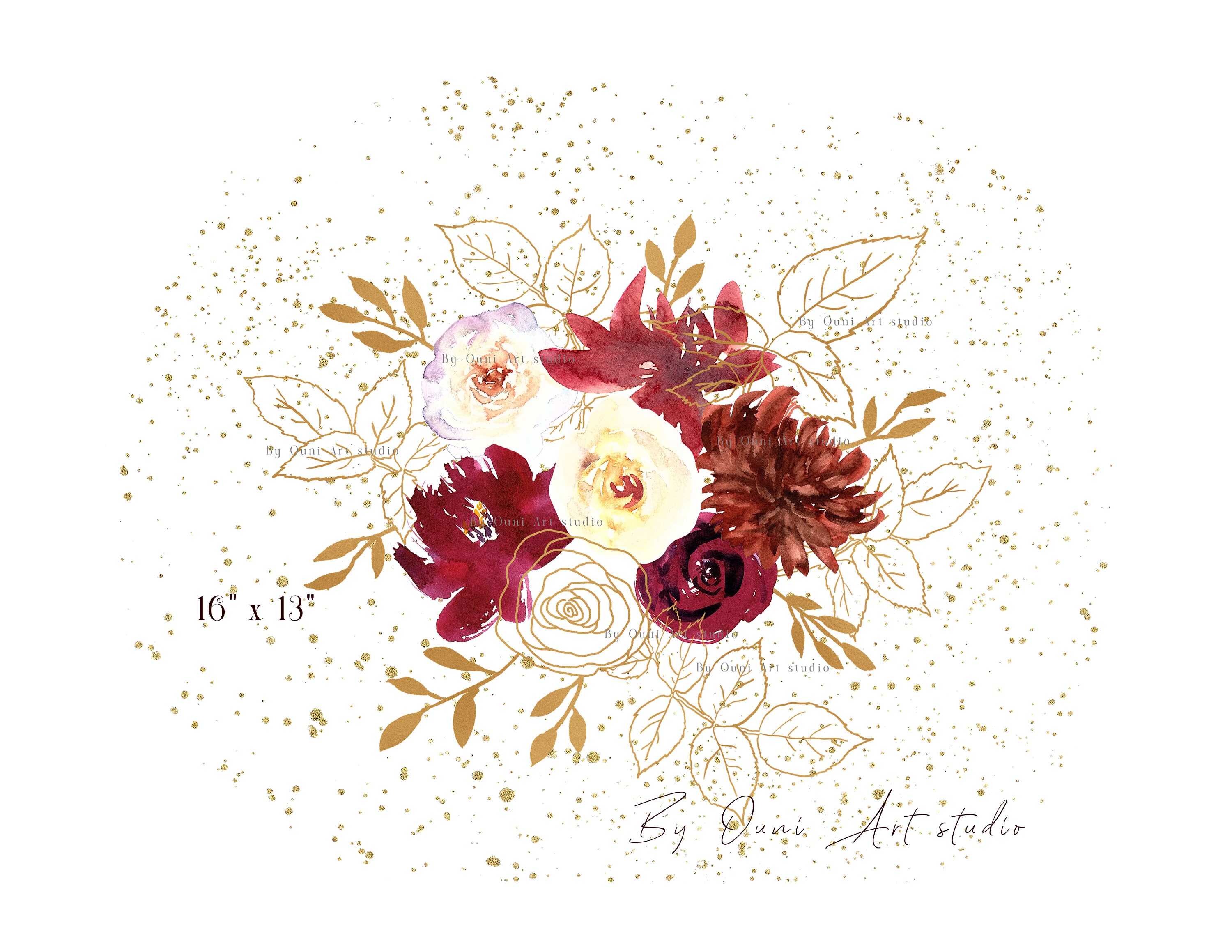 Burgundy Gold Flowers Clipart, Gold Rose Line Art, Watercolor Burgundy ...