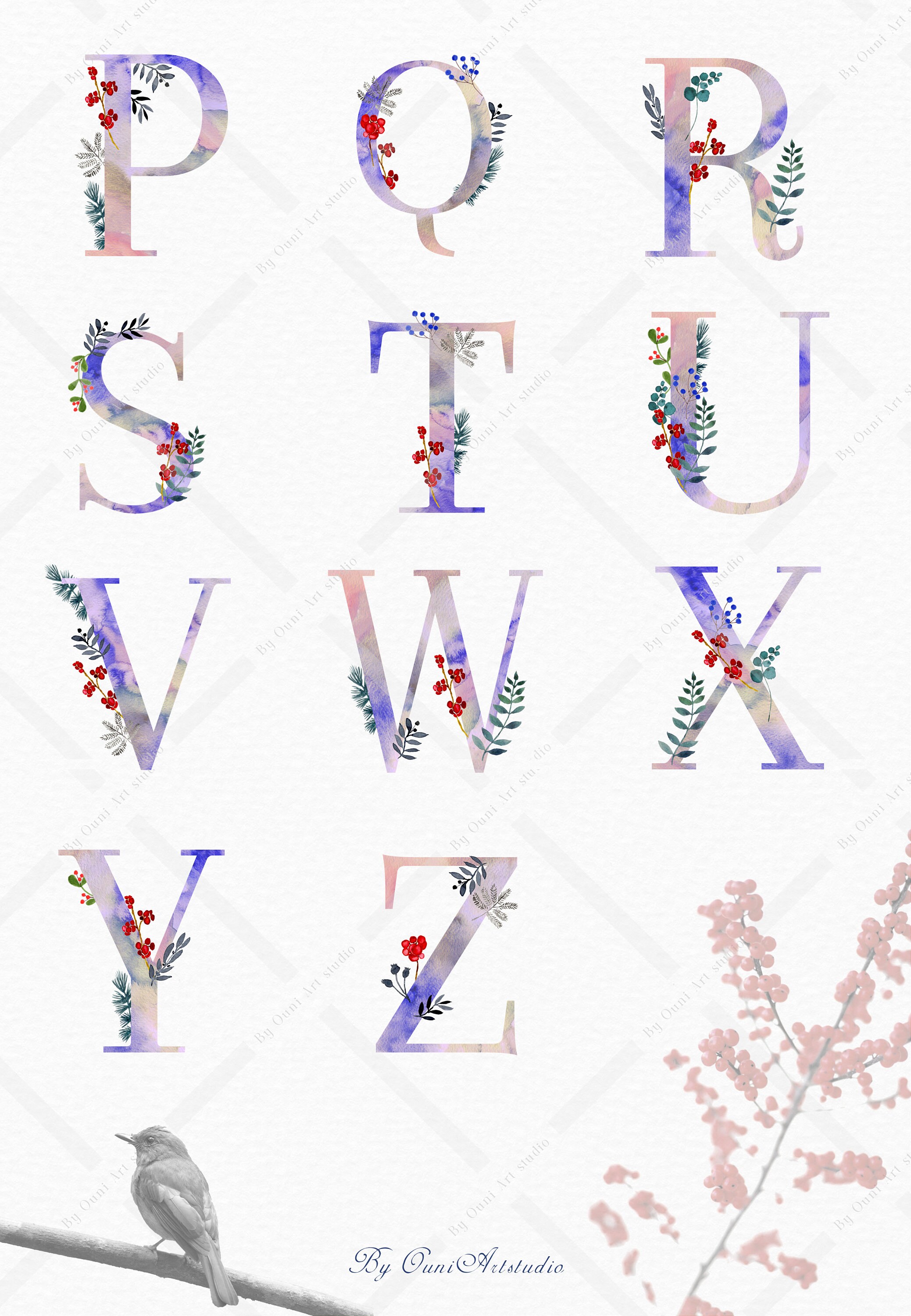 Watercolor Alphabet Clipart, Botanical Alphabet, Christmas, Floral ...