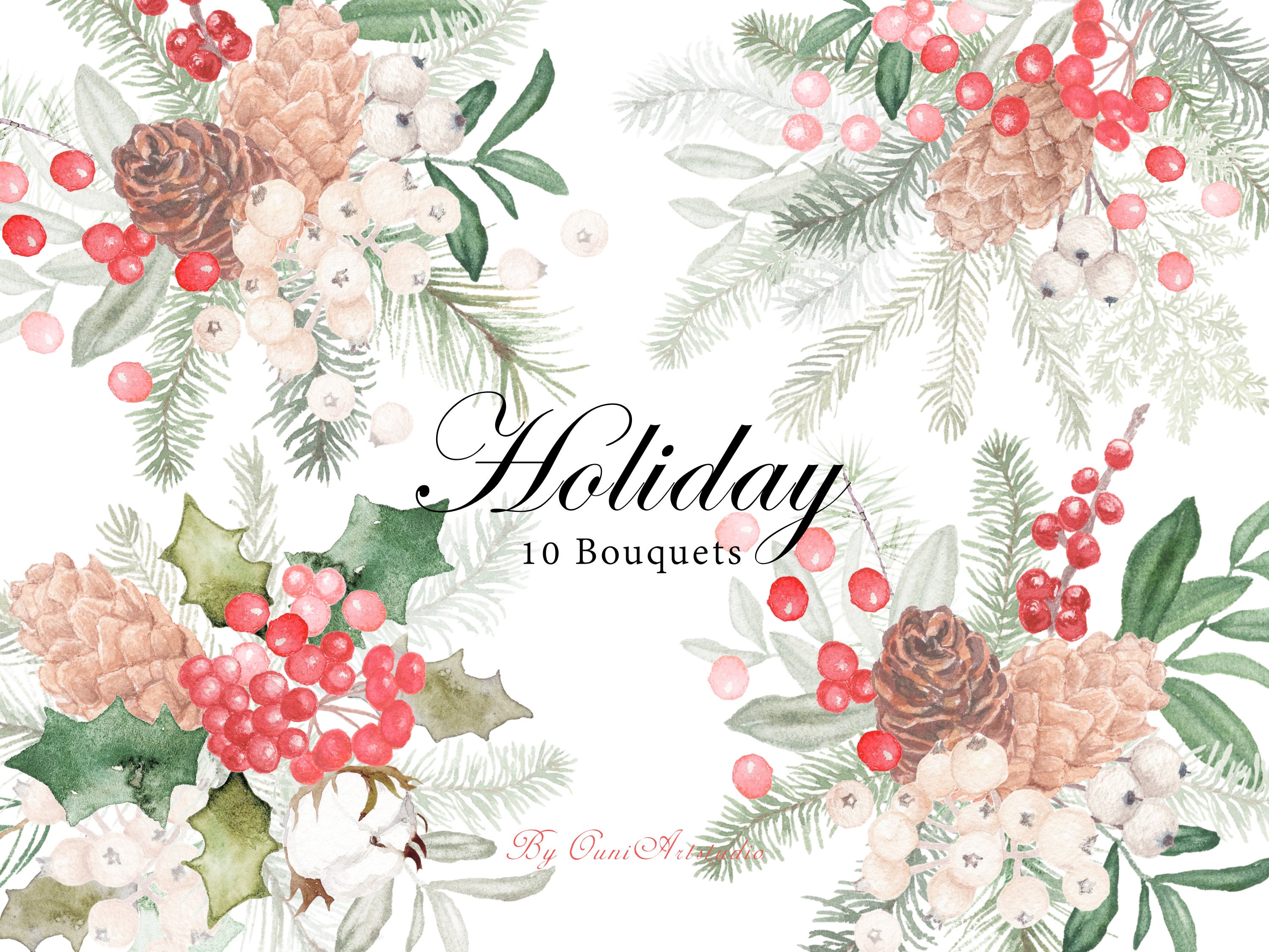 Watercolor Holly Berry Clipart, Watercolor Christmas Clipart ...