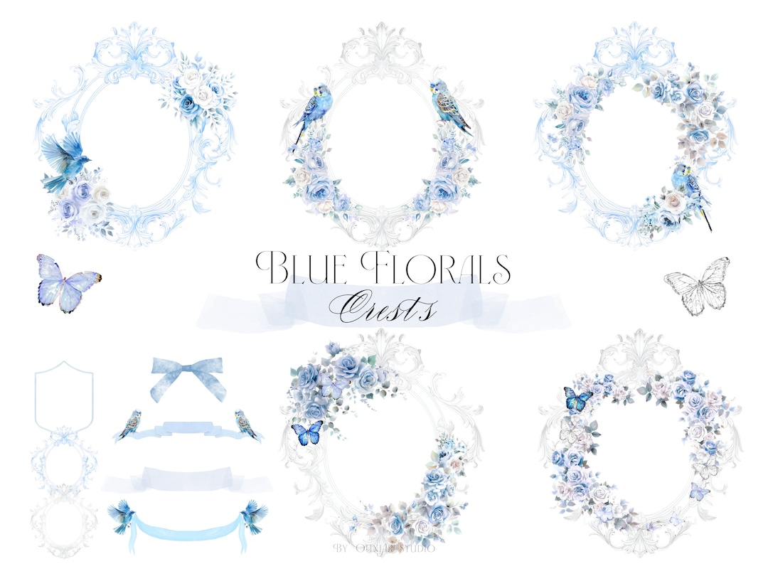 Blue Florals Clipart, Floral Crest Clipart, Blue Rose Clipart PNG ...