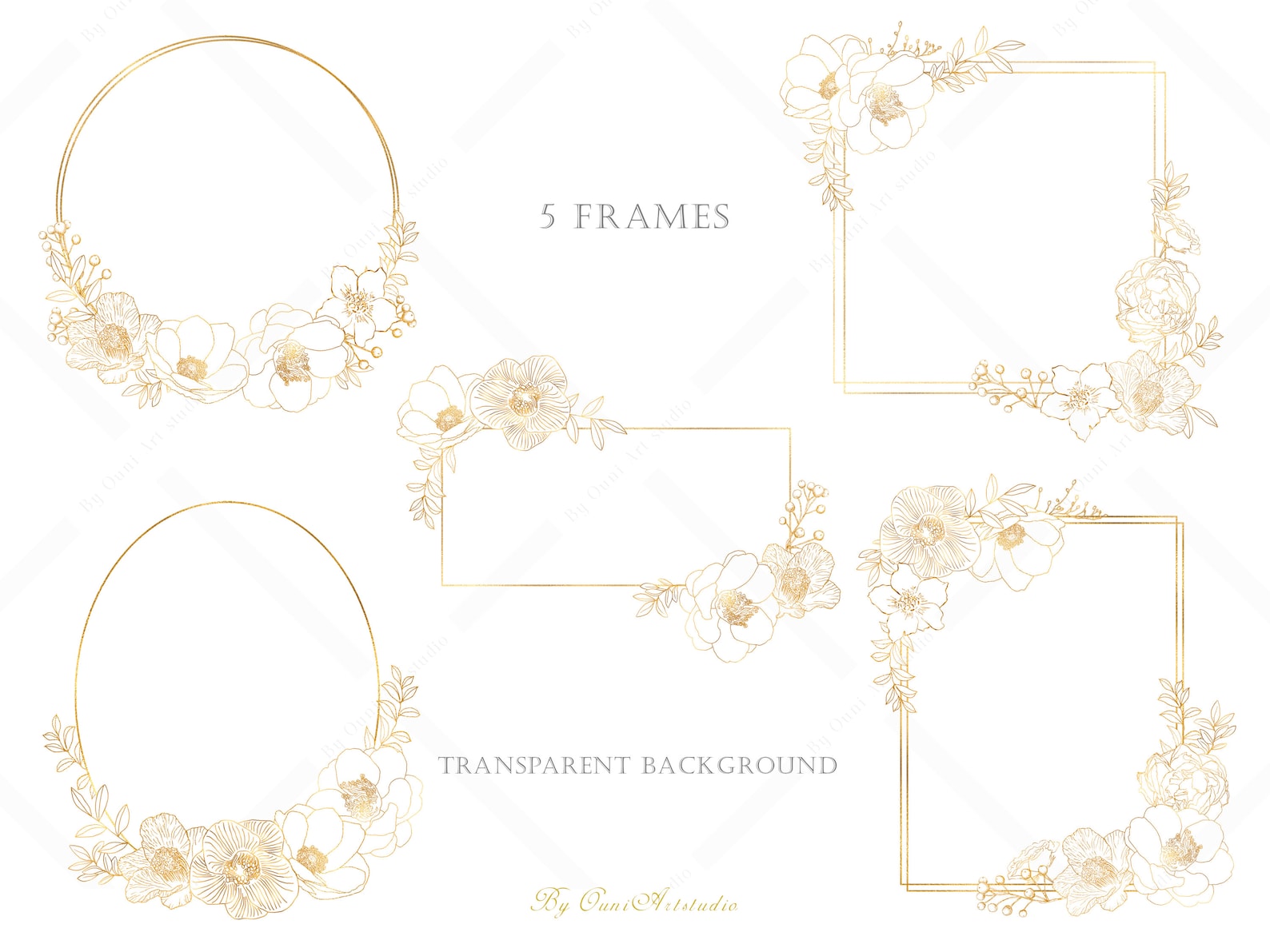 Gold Floral, Christmas Frame Clipart, Gold Floral Line Art, Gold ...