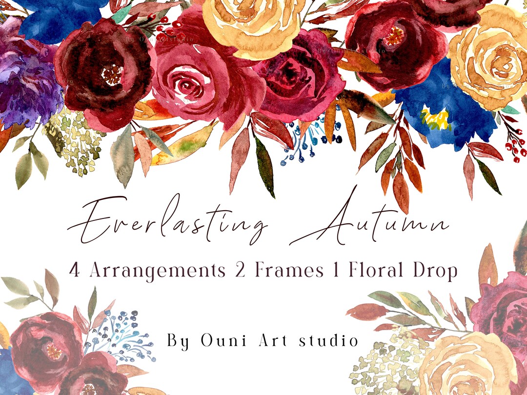 Watercolor Autumn Floral Clipart, Fall Floral Bouquets, Burgundy Roses ...