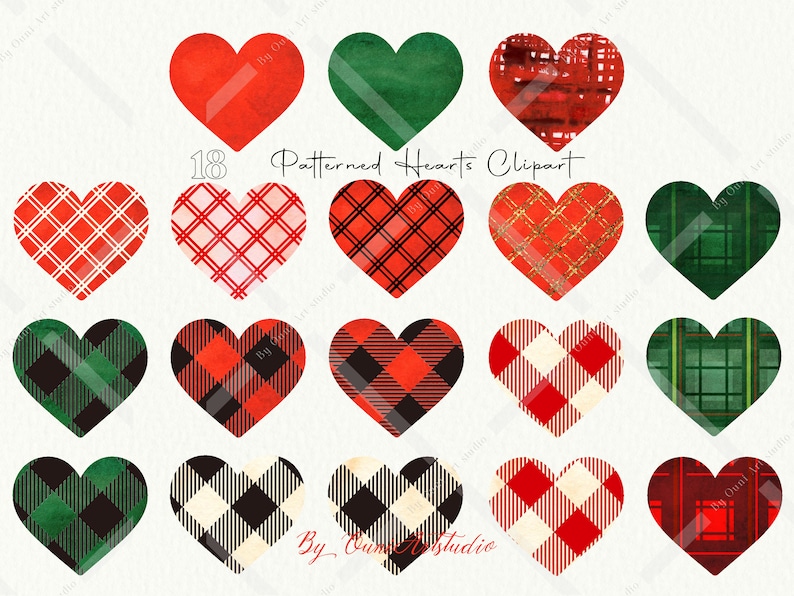 Plaid Hearts Valentine Clipart, Watercolor Hearts Clip Art, PNG, Gold ...