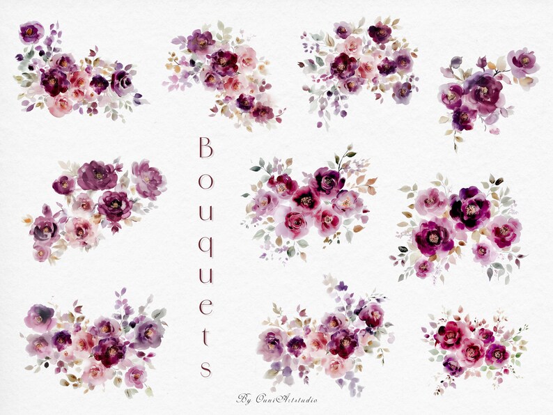 Watercolor Plum Roses Clipart Set, Floral Bouquets, Frames (digital ...