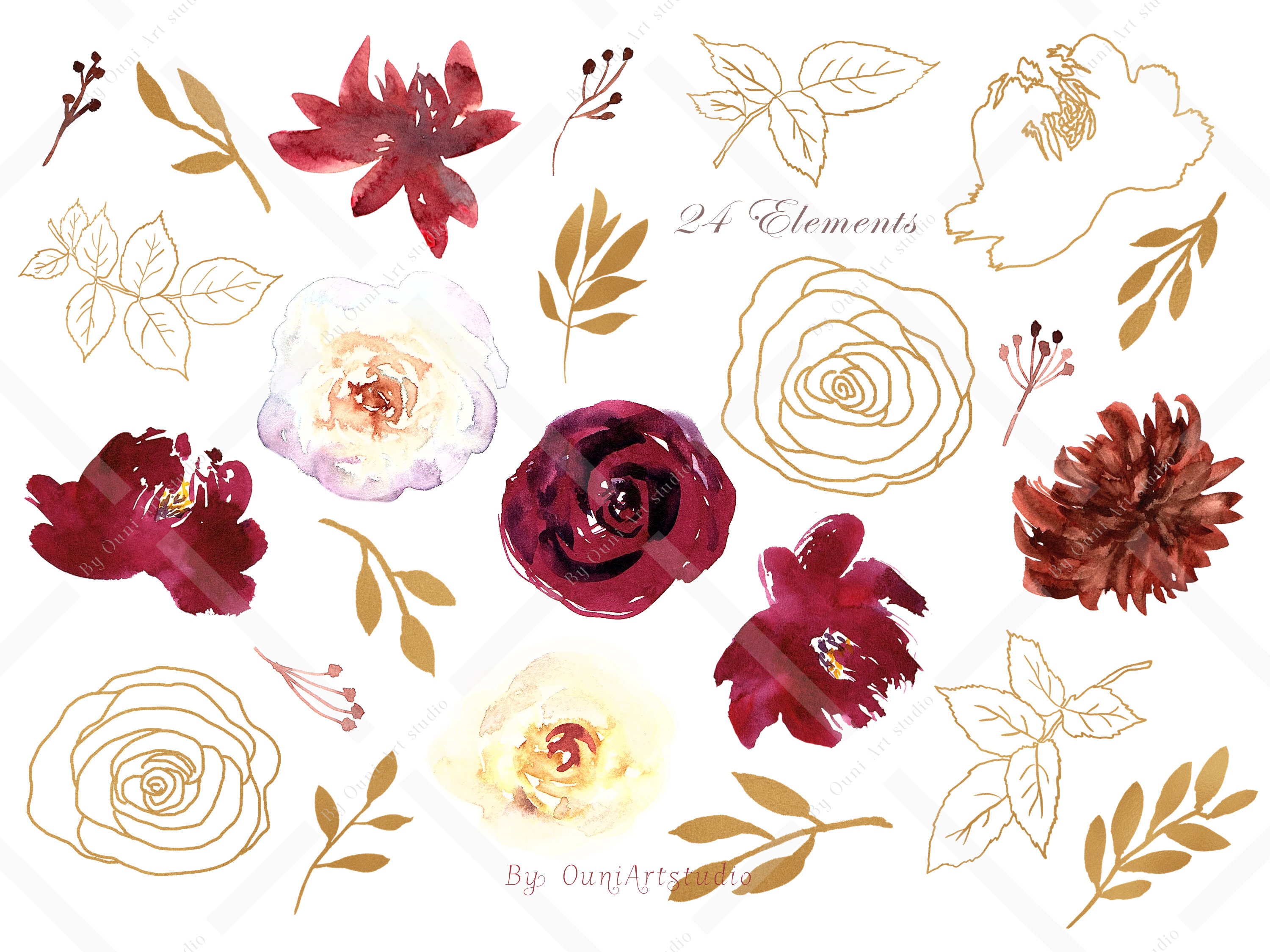 Watercolor Burgundy Gold Floral Clipart, Gold Floral Line Art Clipart ...