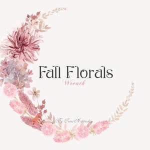 Watercolor Pink Floral Wreath Clipart, Autumn Flower Clipart, Autumn ...