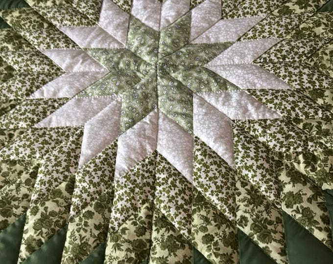 New Queen Size, Amish Quilt, Amish Hand Stitched Quilted Green Broken ...
