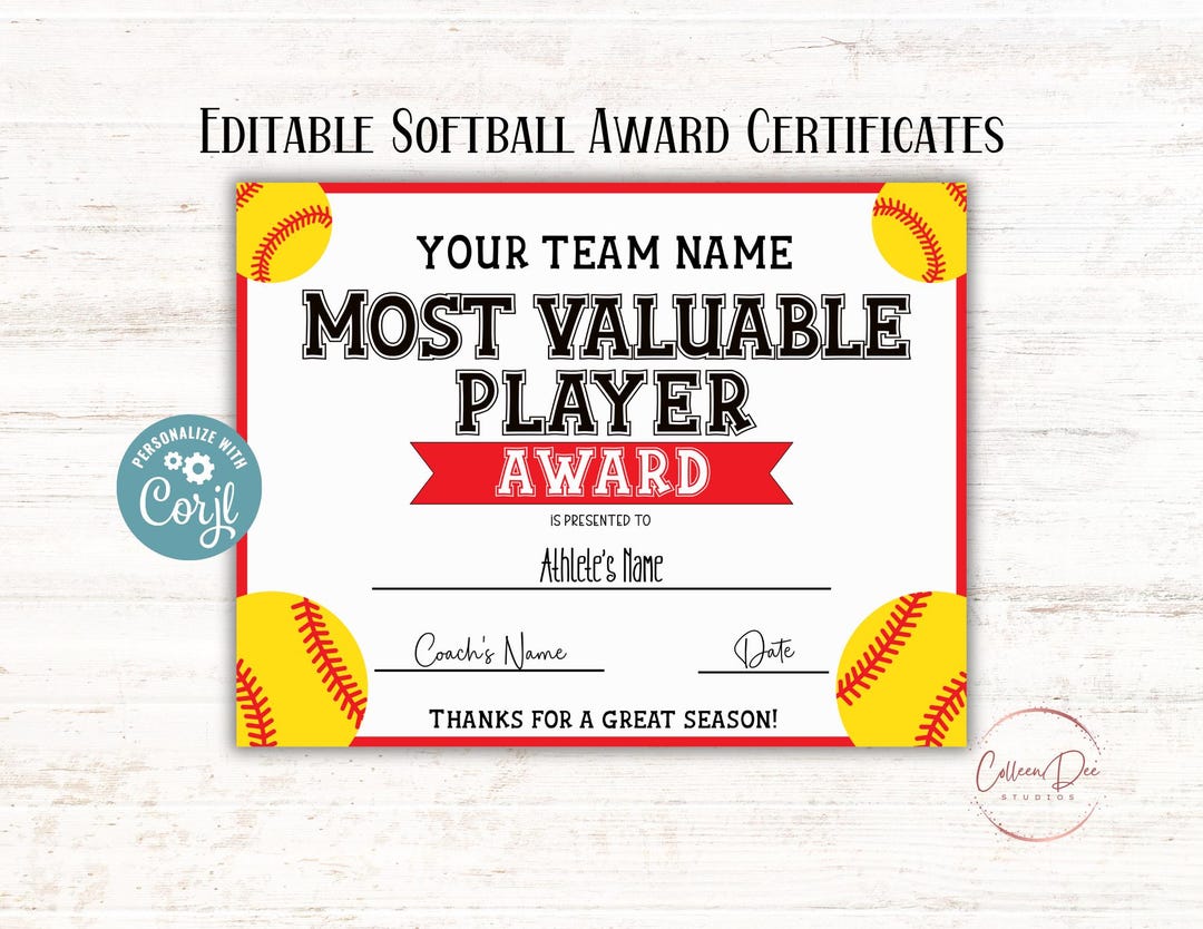 Editable Softball Awards Certificates | Printable Softball Team Awards ...