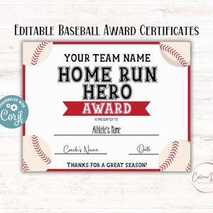 Editable Baseball Awards Certificates | Printable Baseball Team Awards ...