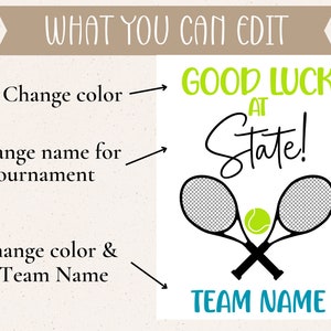 Editable TENNIS Good Luck at State Printable Tag | Tennis Team ...