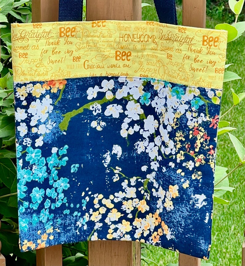 Blue Floral Tote Bag With Bee Border. Design, Reversible Teal Lining ...