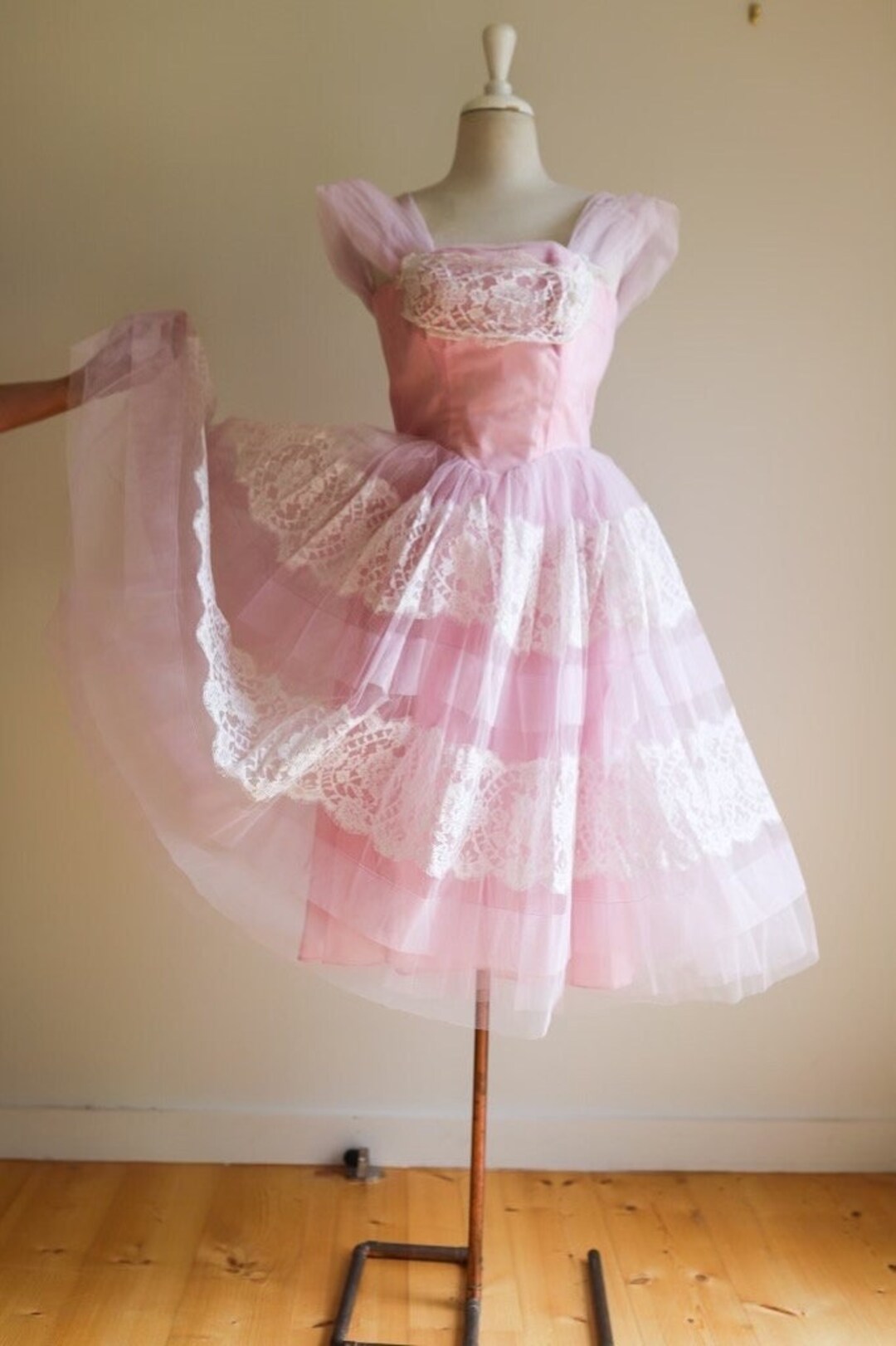 Vintage 50's Pink Tulle White Lace Cocktail Dress by Rita Roberts of ...
