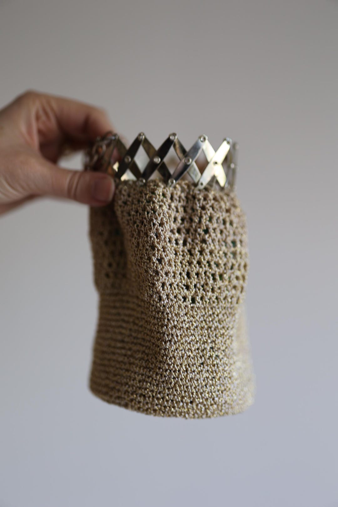 Vintage 1960s Gold Lurex Concertina Wrist Bag Metal Strap Vibrant ...