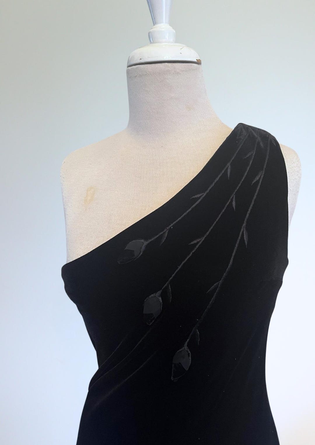 90s Black Stretch Velvet Asymmetrical One Shoulder Evening Gown, Form ...