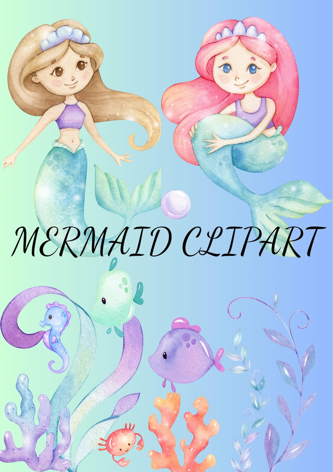 Watercolour Mermaids Clipart Children, Underwater Clipart, Nursery Art ...