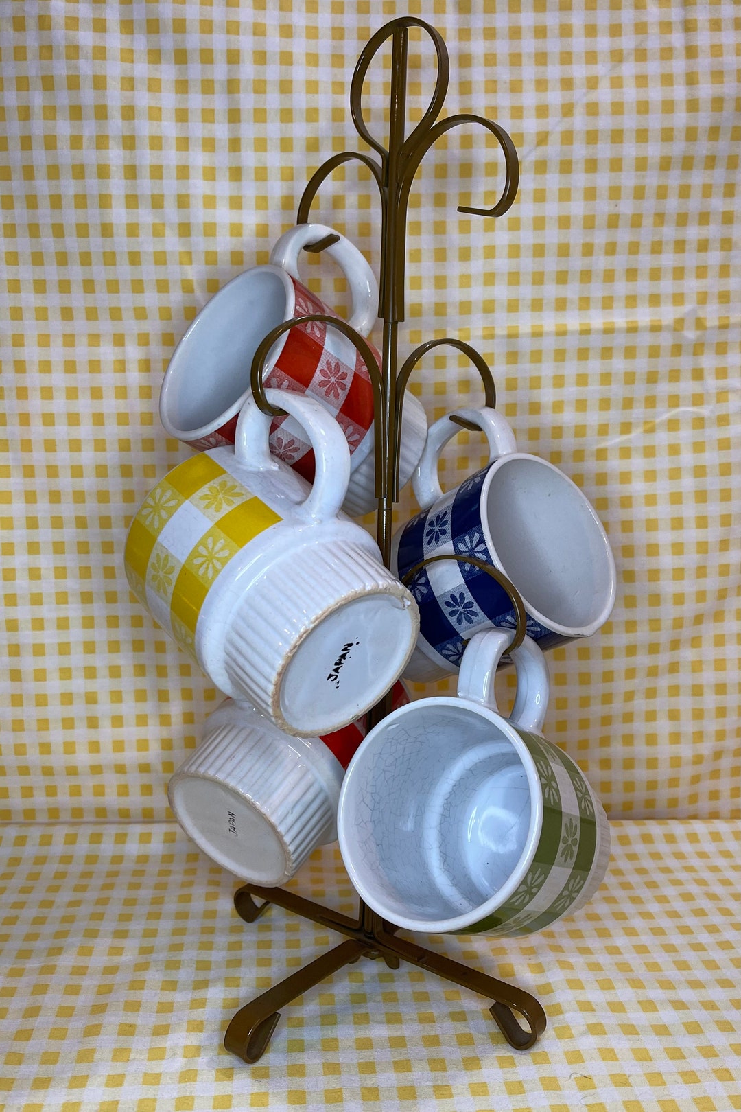 Vintage Japan Gingham Pattern Mug Set, Vintage Coffee Mug Tree, Set of ...