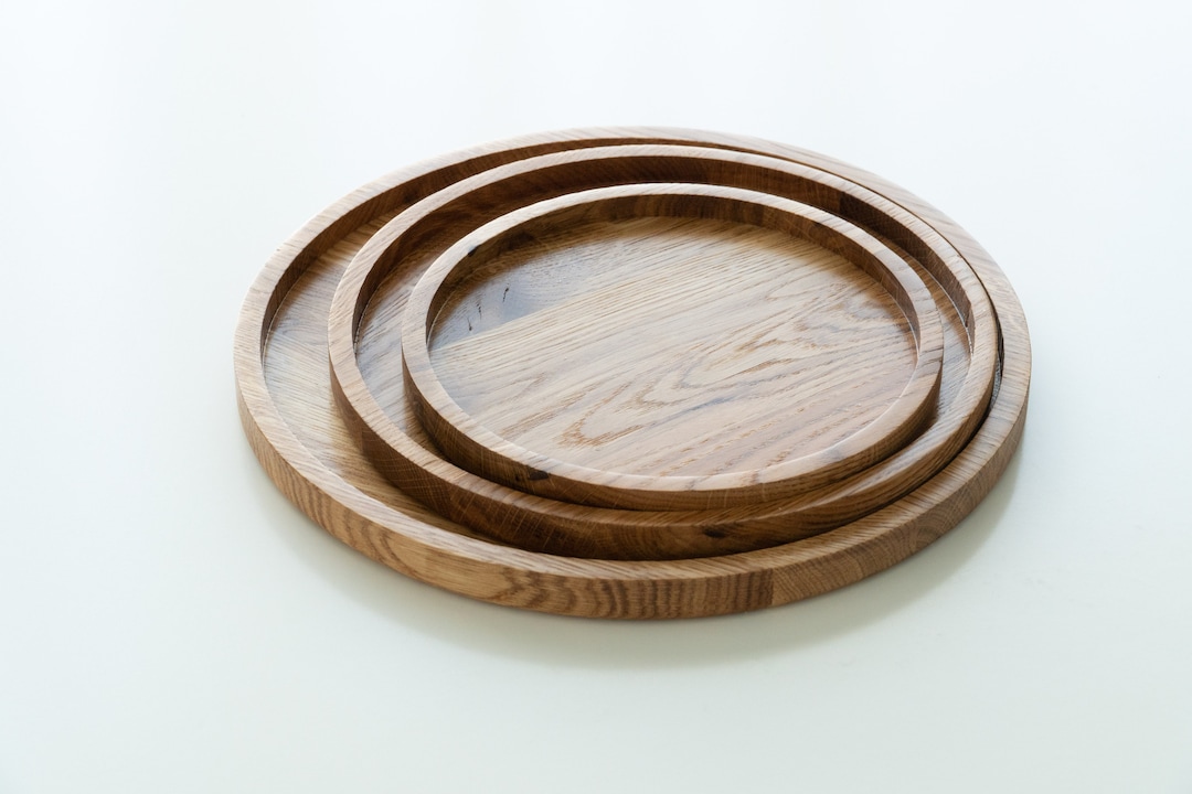 Oak Wood Round Serving Tray Set of 3, Wooden Plate, Serving Board Hand ...