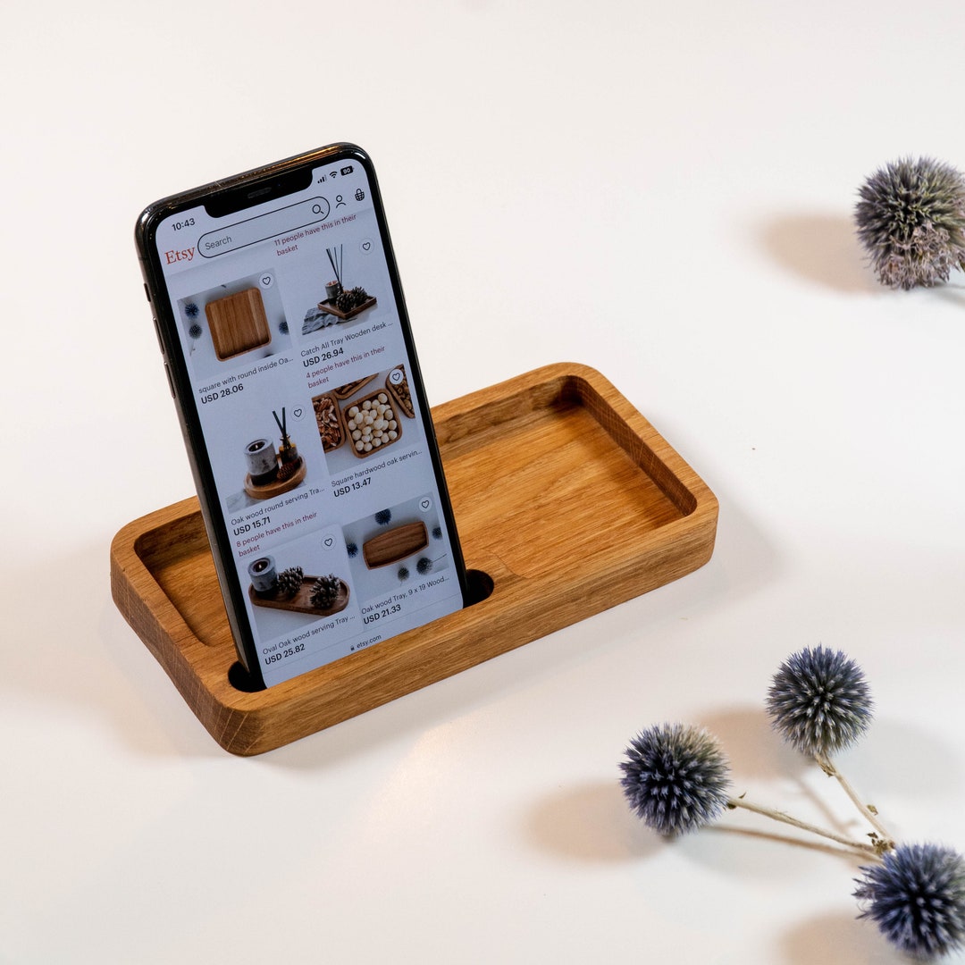 Solid Oak Phone Stand Desk Tray: Modern Office Organizer - Etsy