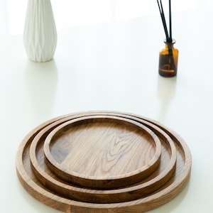 Oak Wood Round Serving Tray Set of 3, Wooden Plate, Serving Board Hand ...