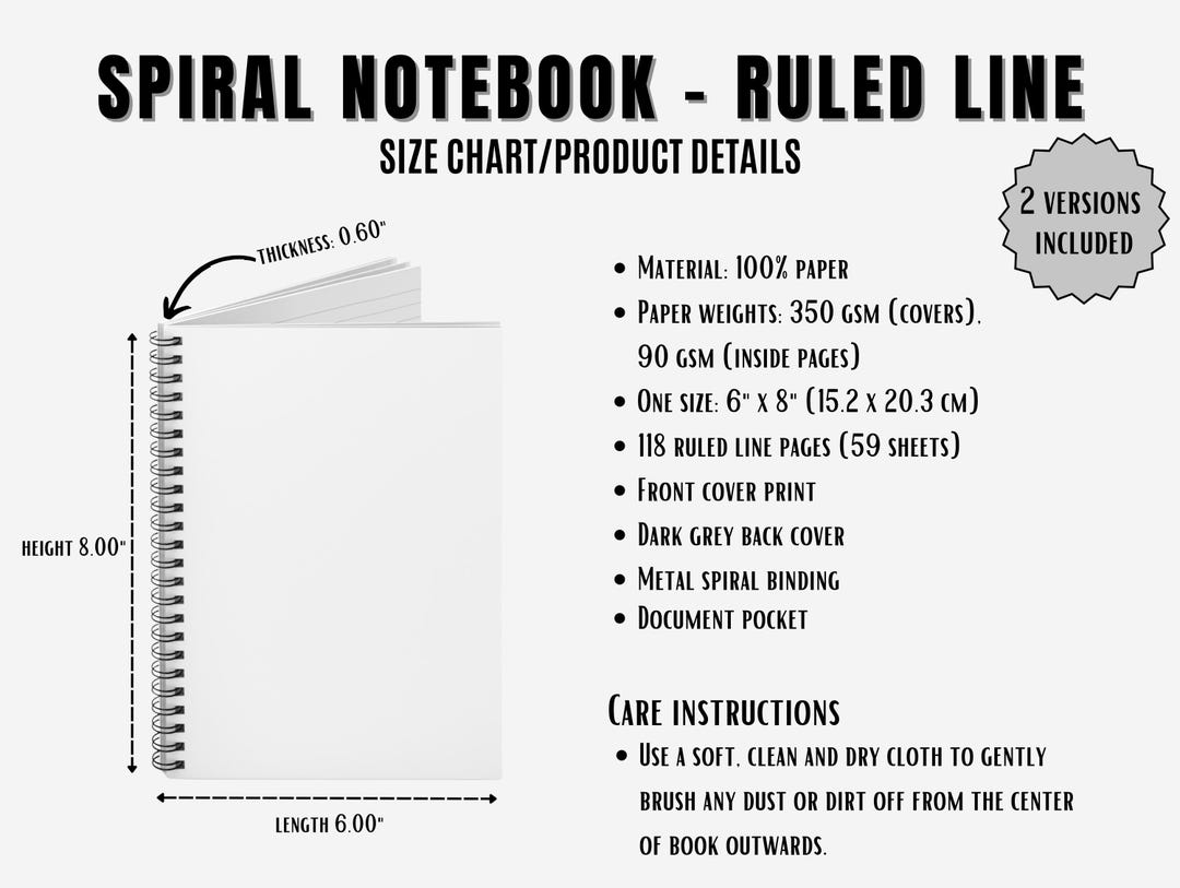 Spiral Notebook Ruled Line Size Chart Digital Download Notebook Sizing ...