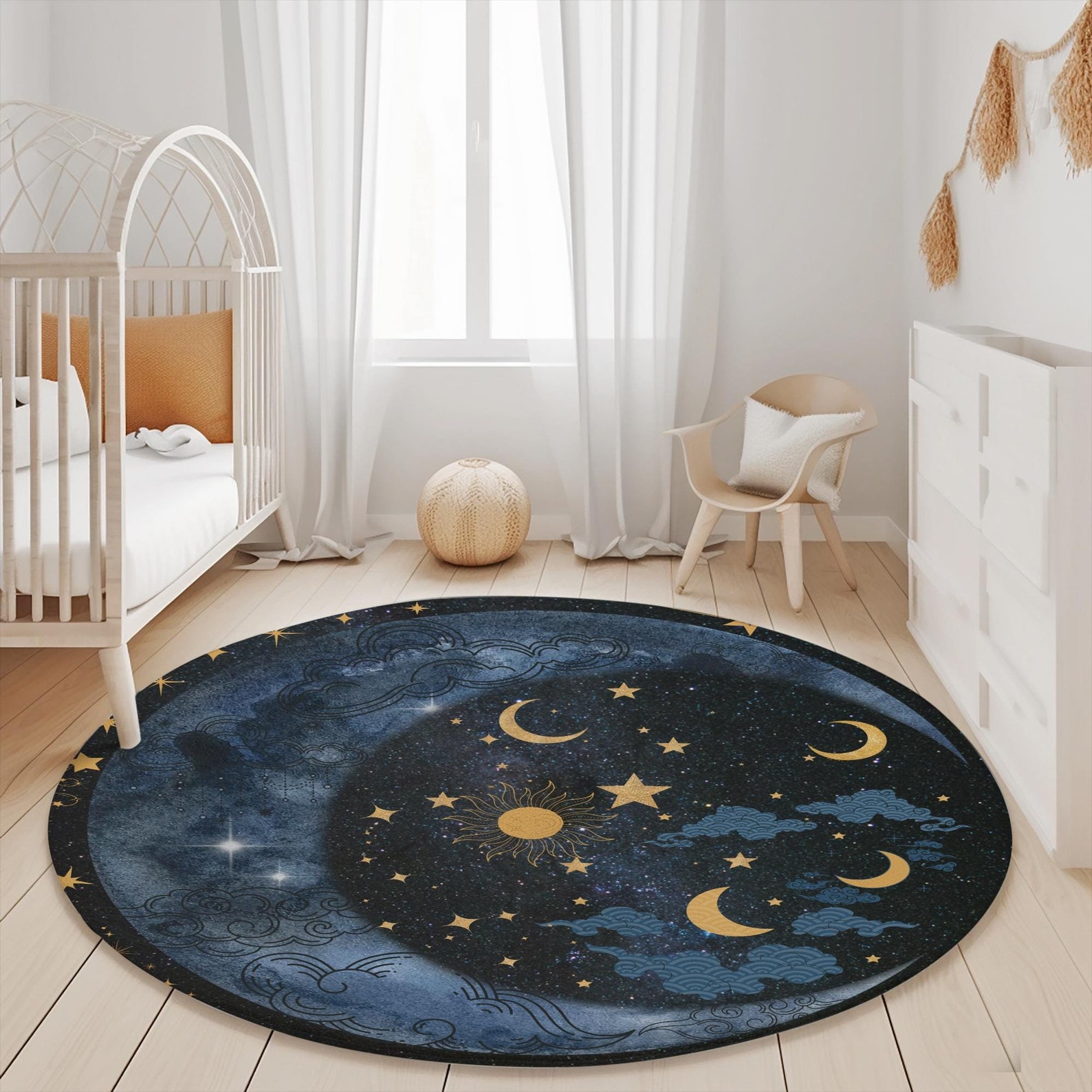 Celestial Moon Phase Round Rug: Galaxy Night Sky Area Carpet (60"x 60 ...