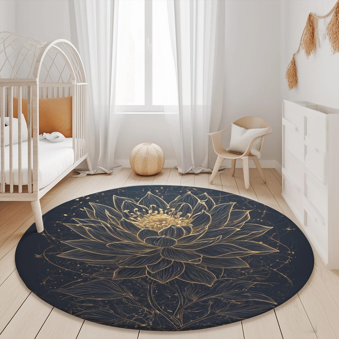 Lotus Flower Round Rug 60"x 60" Elegant Floral Theme Design Area Rug ...