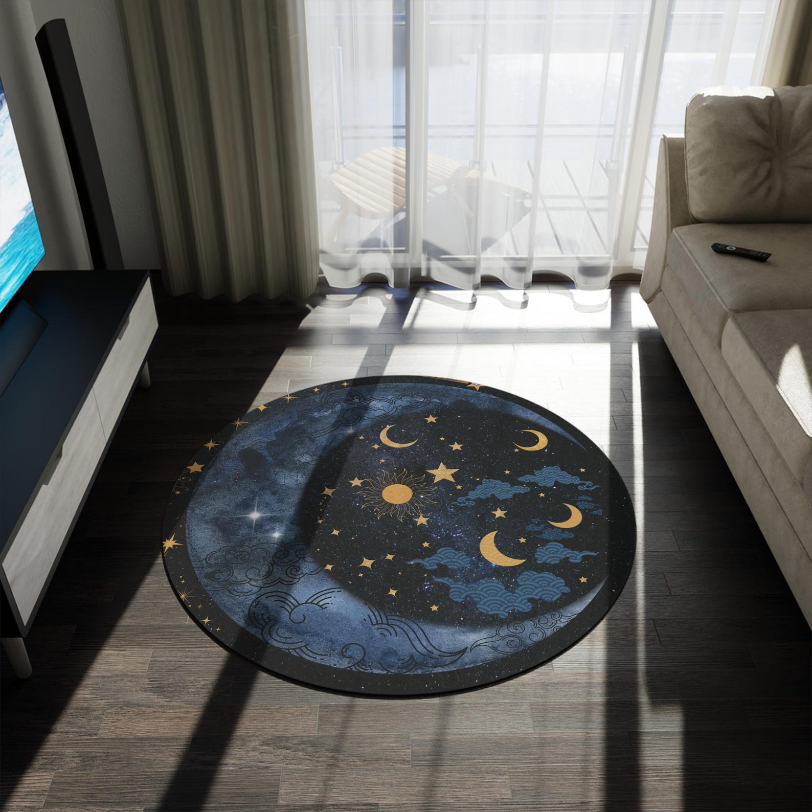 Celestial Moon Phase Round Rug: Galaxy Night Sky Area Carpet (60"x 60 ...