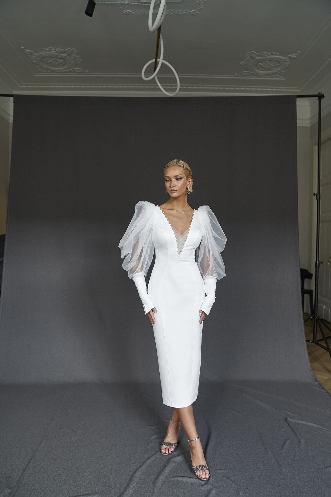 Elegant Midi Length Wedding Dress With Puff Sleeves Martha - Etsy