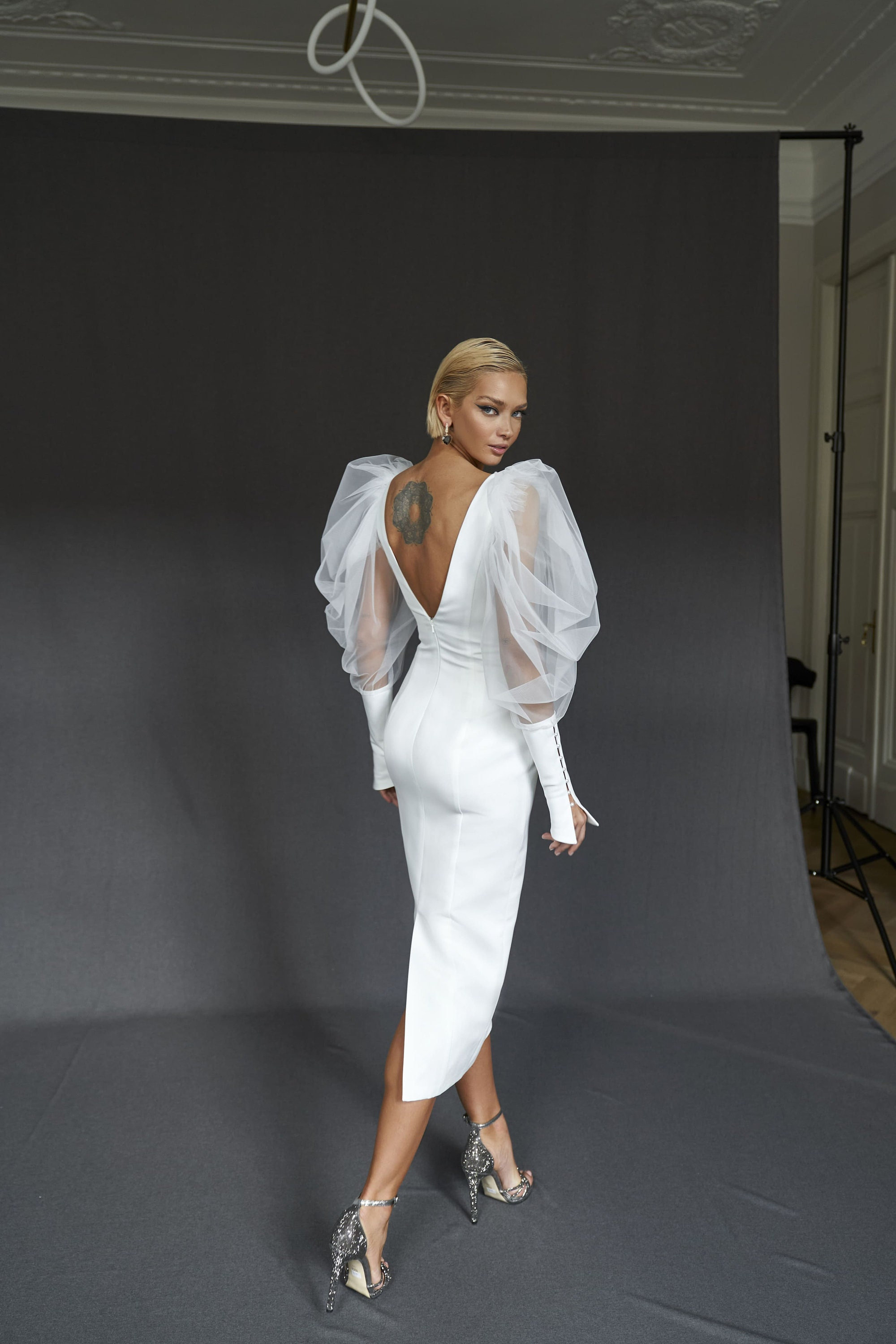 Elegant Midi Length Wedding Dress With Puff Sleeves Martha - Etsy