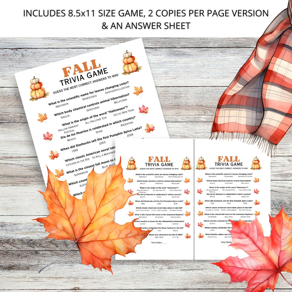 Trivia Game Fall Trivia Quiz, Autumn Trivia, Printable Fall Quiz Game ...