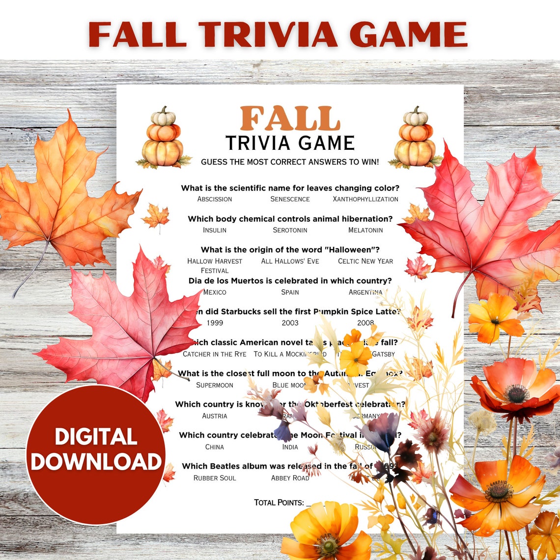 Trivia Game Fall Trivia Quiz, Autumn Trivia, Printable Fall Quiz Game ...