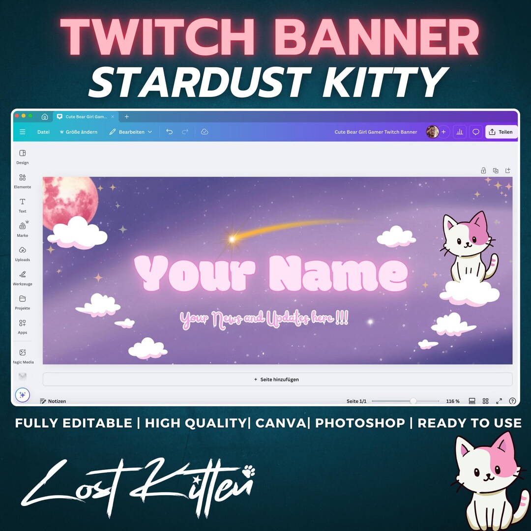 Galaxy Stardust Kitty Twitch Banner | Kawaii Neko, Editable Canva ...