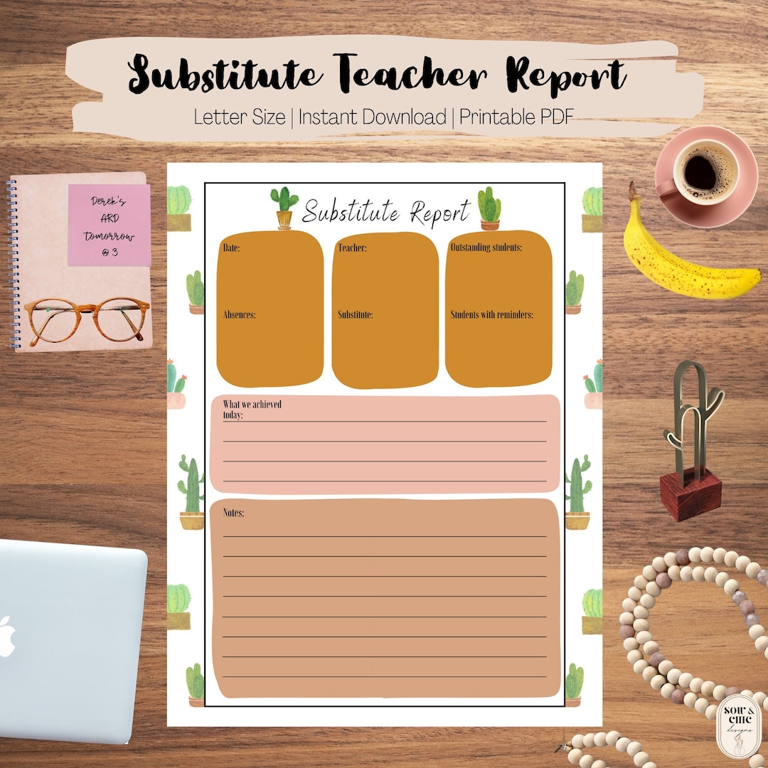 Substitute Report| Feedback, Sub Report, Minimal, Cactus, Boho, Teacher ...
