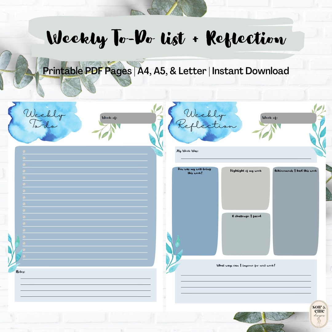 Blue To-do List and Weekly Reflection Printable Sheet, Printable ...