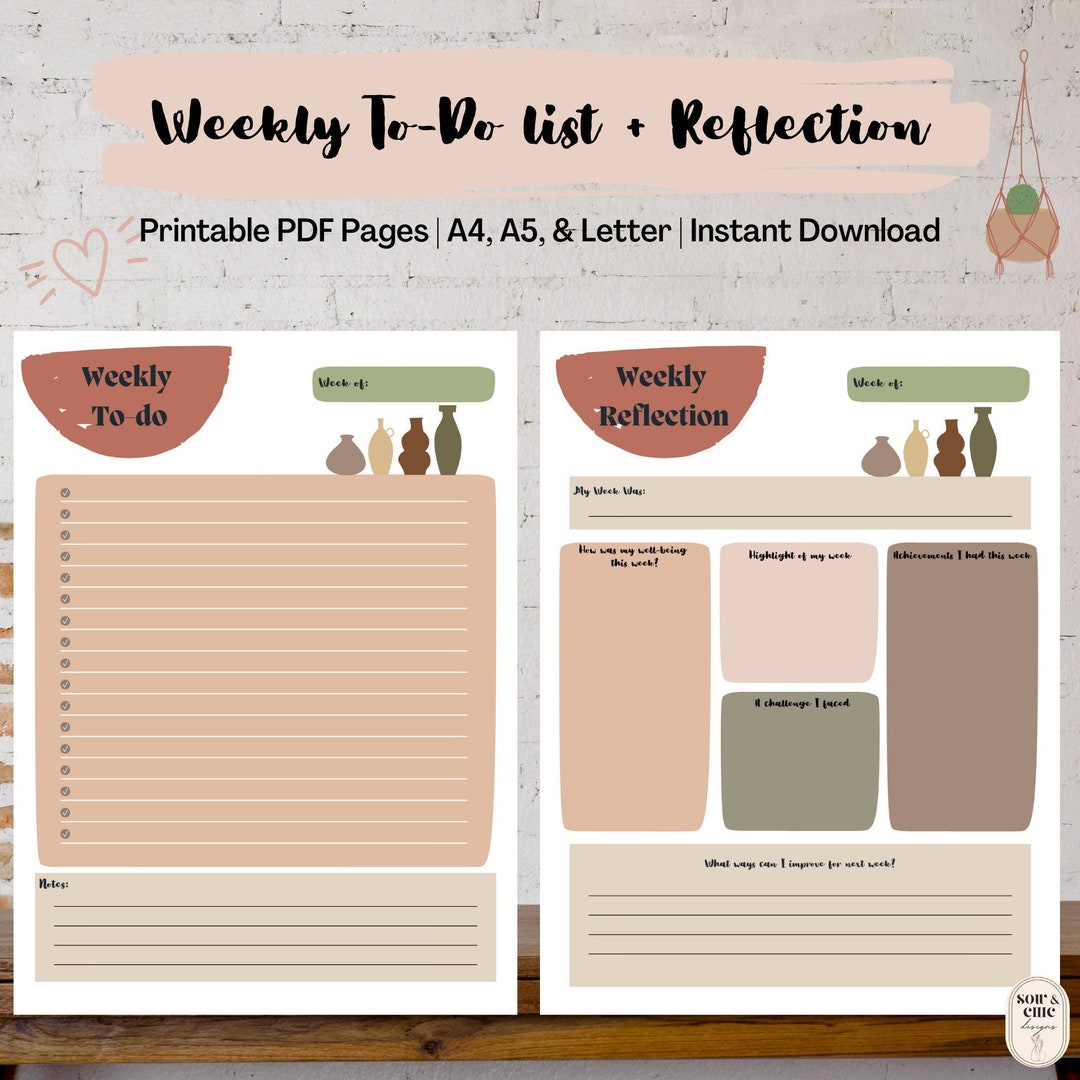 Brown Clay To-do List and Weekly Reflection Printable Sheet, Printable ...