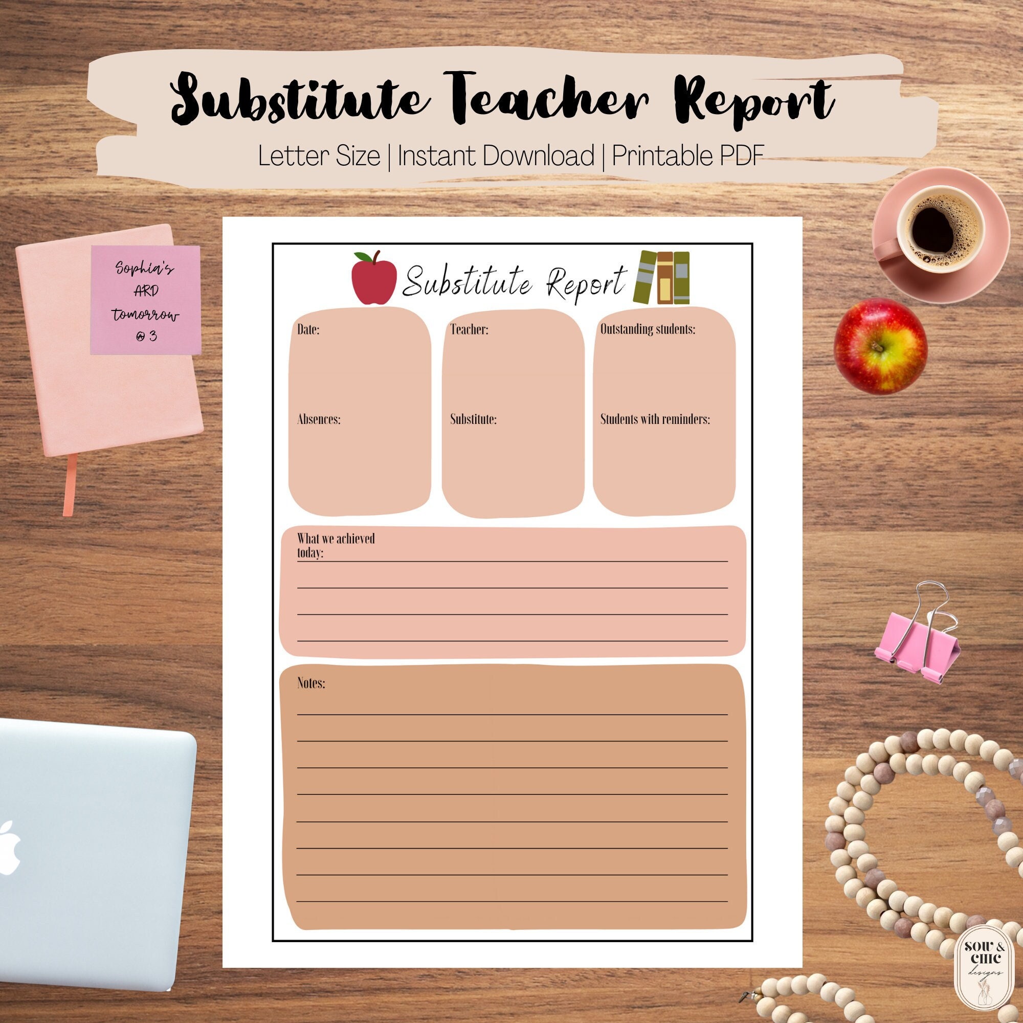 Substitute Report| Feedback, Sub Report, Minimal, Pink, Teacher Binder ...