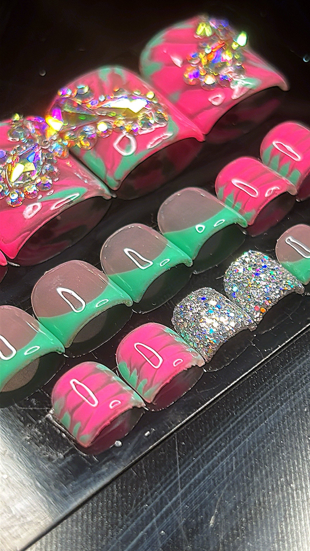 Pink and Mint Green Bling French Press on Toes Glitter Press on Toes ...