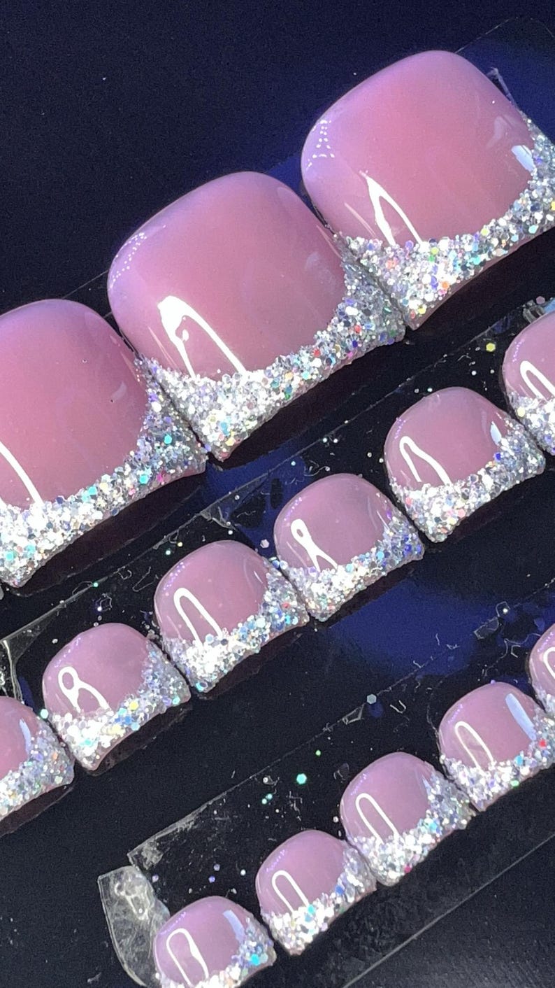 Silver or Gold Glitter French Tip Press on Toes|reflective Glitter Fake ...