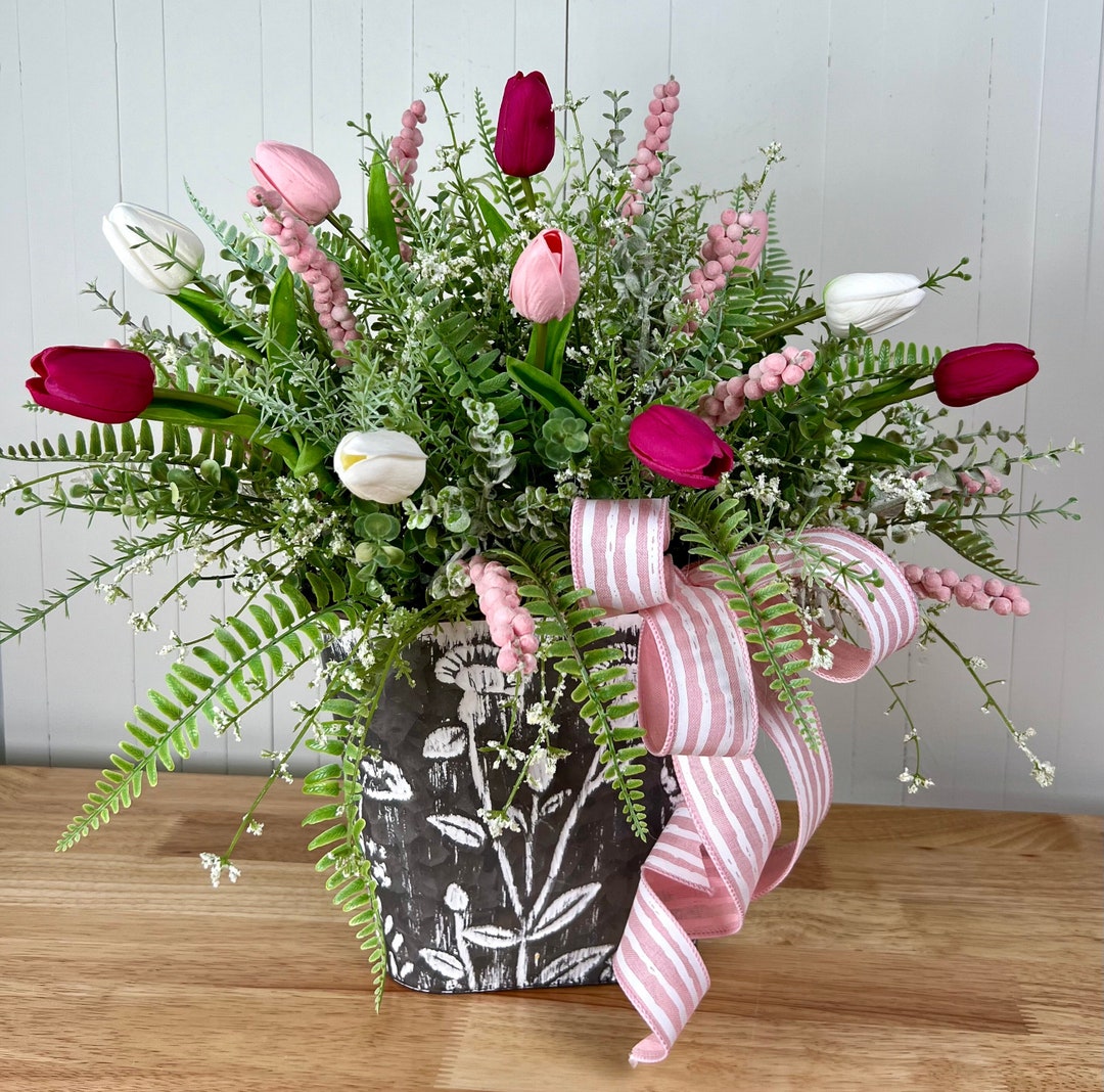 Spring Tulip Arrangement | Pink & White Floral Centerpiece | Farmhouse ...
