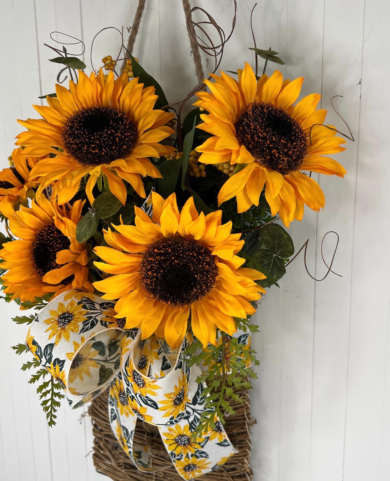 Sunflower Hanging Basket for Front Door or Home, Summer to Fall Yellow ...