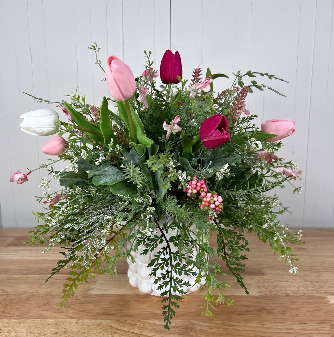 Tulip Floral Arrangement, Real Touch Pink/white/magenta Tulip Table ...