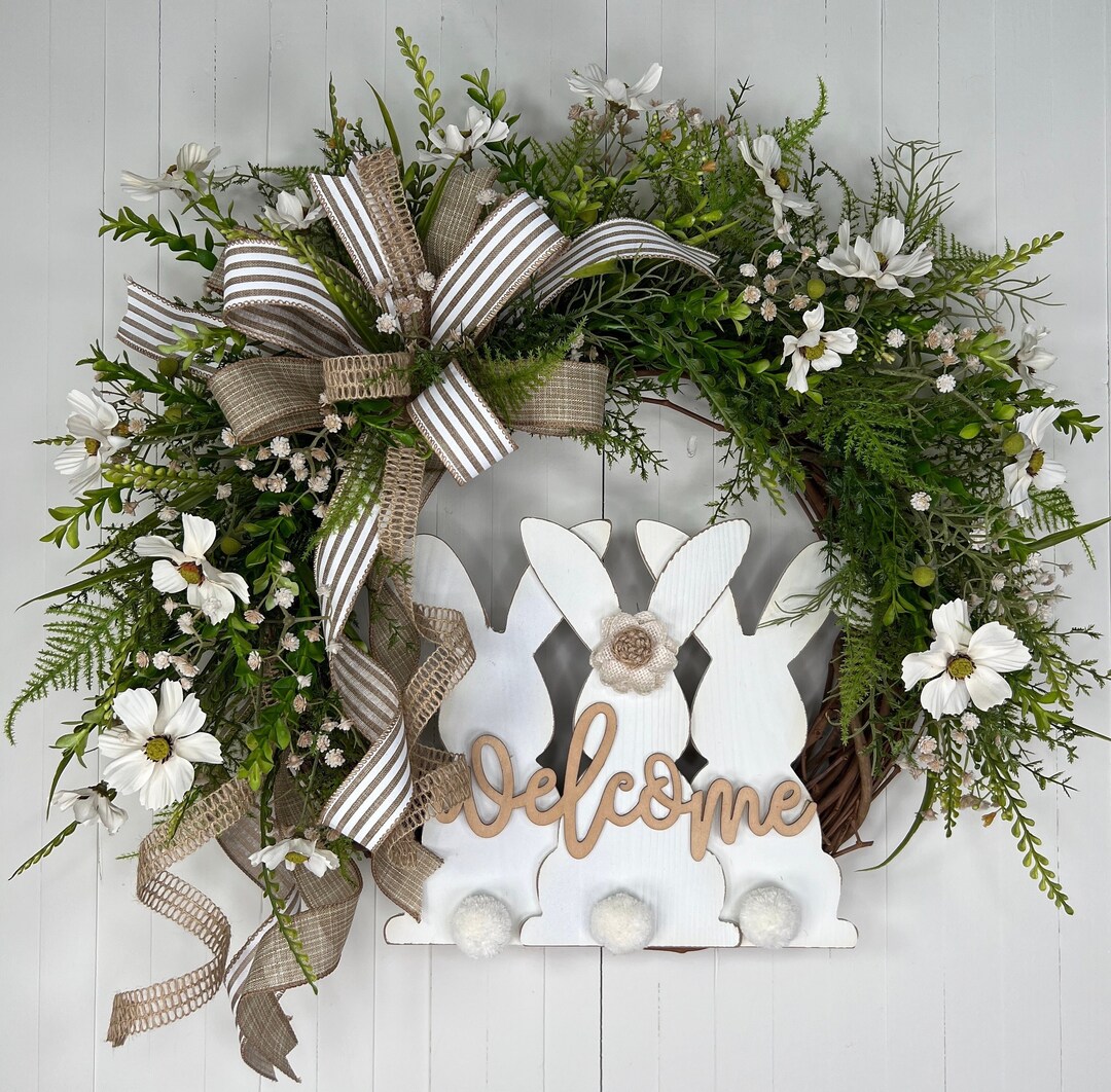 Neutral Floral Grapevine Wreath With Rabbits for Front Door, Spring ...