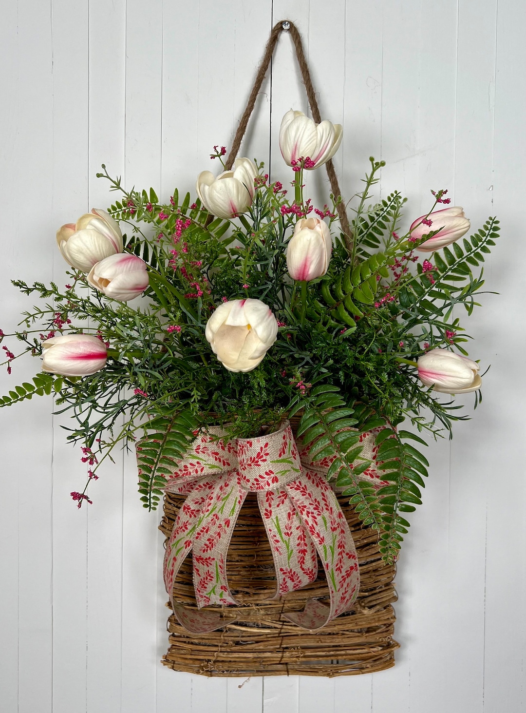 Pink and White Spring Tulip Hanging Basket, Pink and White Real Touch ...