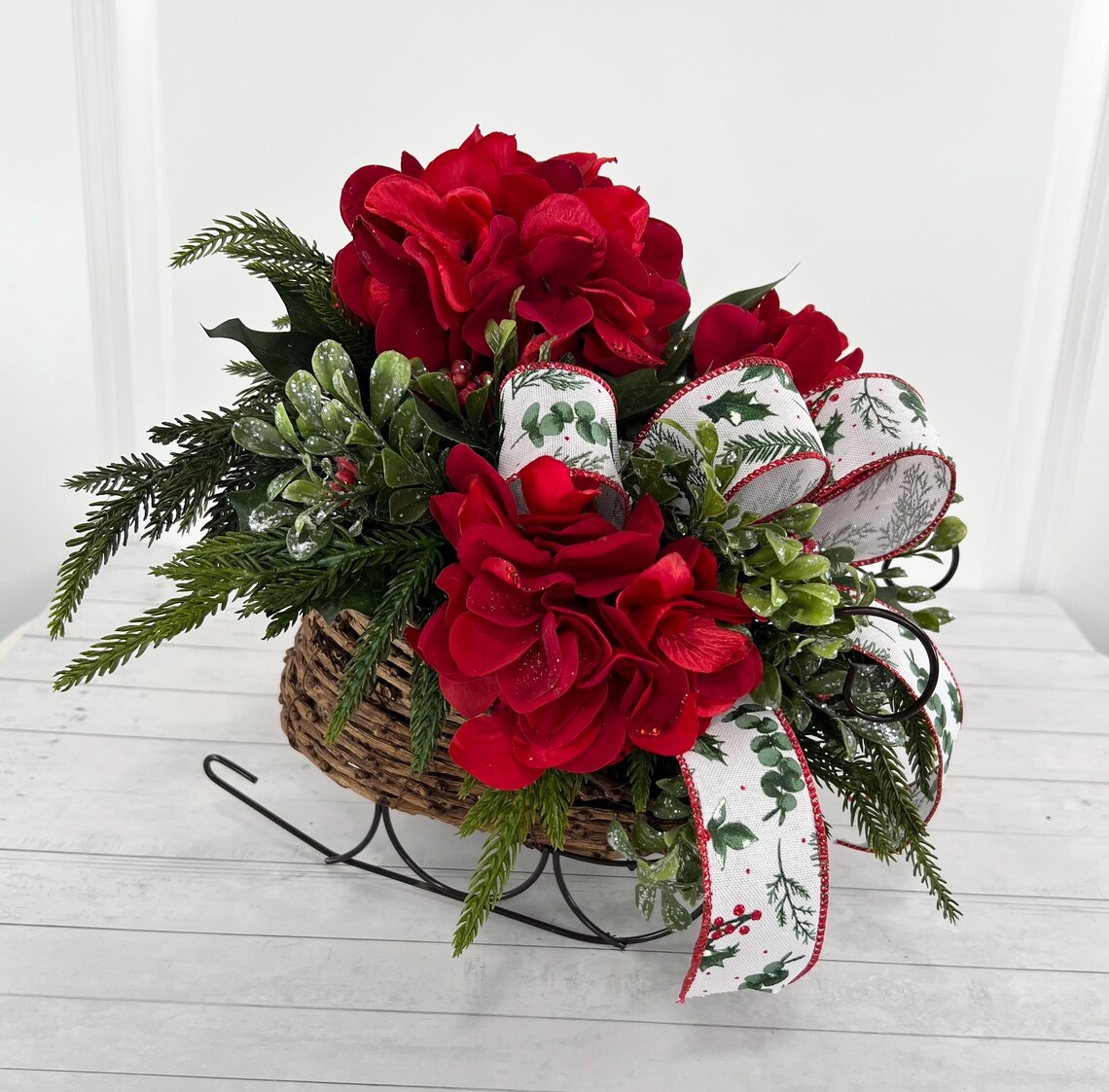Christmas Floral Arrangement | Hydrangea and Pine Table Decor | Rustic ...