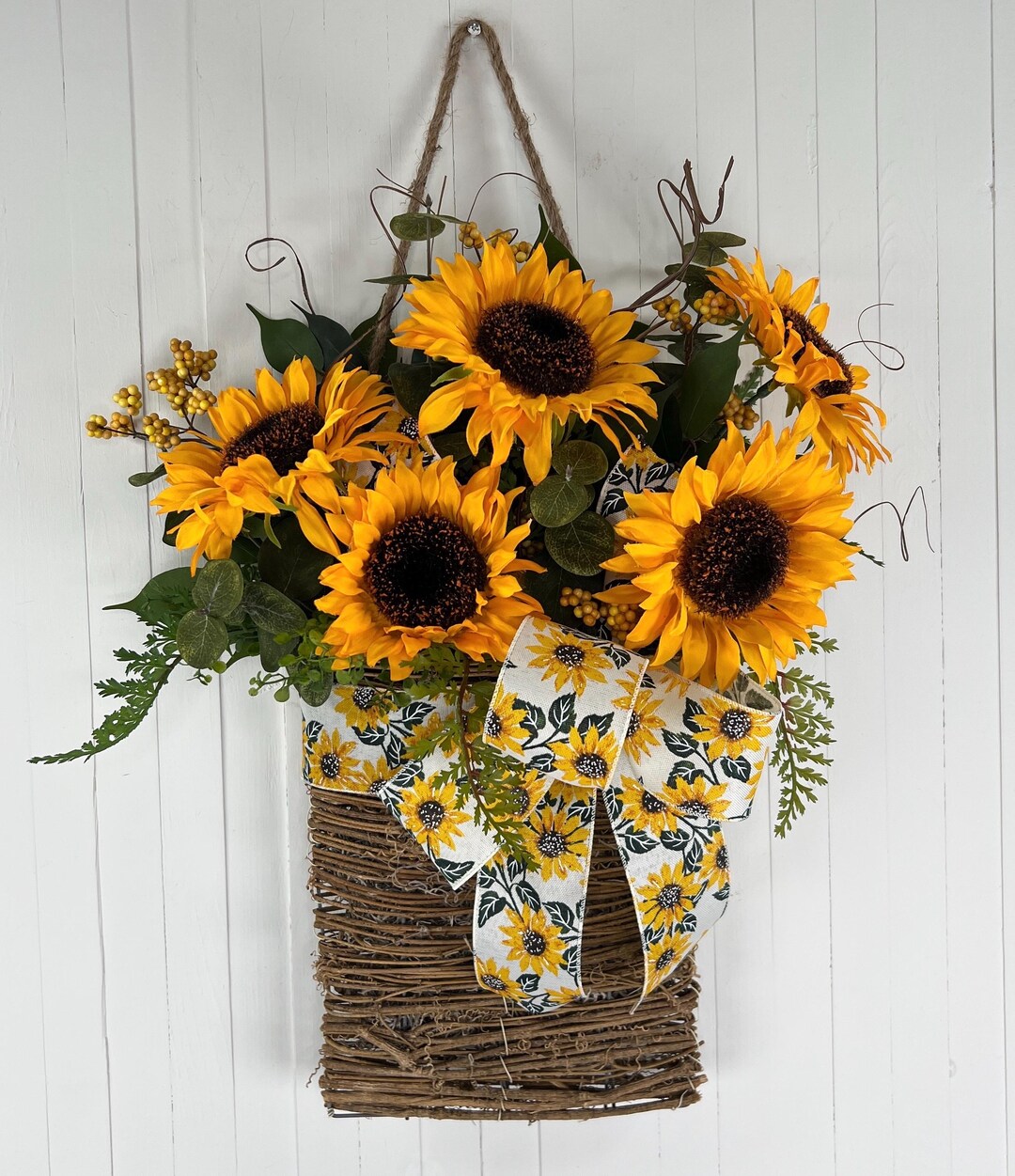 Sunflower Hanging Basket for Front Door | Summer Fall Floral Home Decor ...