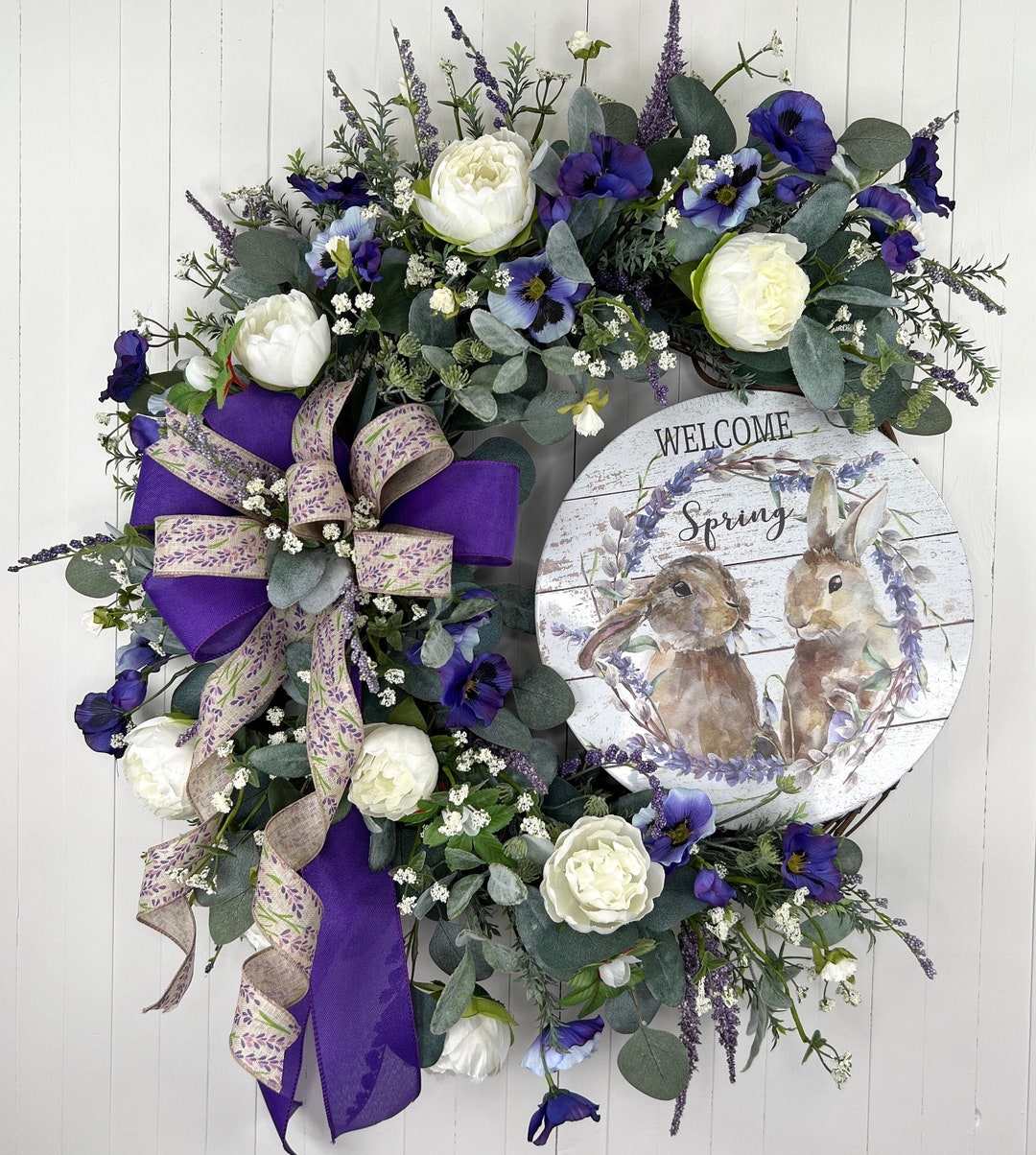 Peony and Pansy Door Wreath, Rabbit Welcome Wreath, Spring Grapevine ...